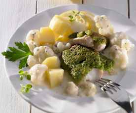 Fisch mit Porree-Käse-Haube, Reis, Fenchel und Zitronensauce - Cookidoo ...