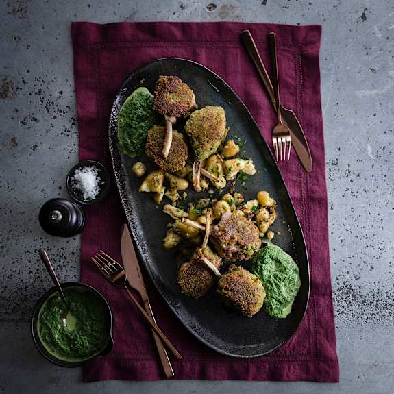 Parmesan-crusted lamb cutlets, creamed spinach and smashed spuds ...