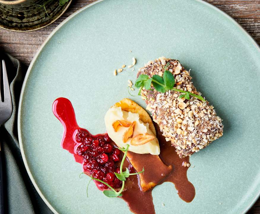 Hertenfilet, pastinaak-aardappelpuree, wortelchips, eryngii, veenbessen ...