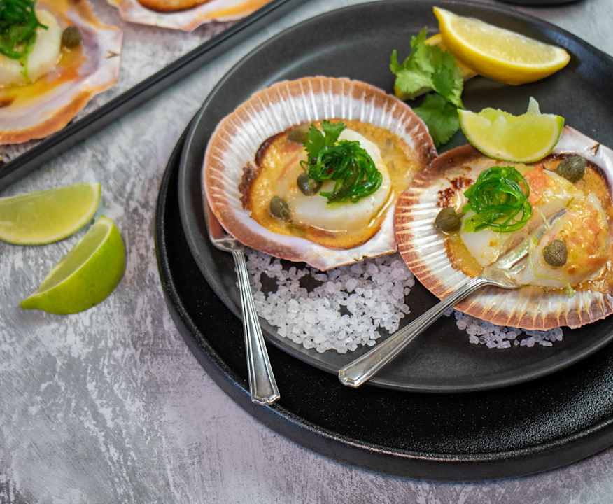 Baked half shell scallops with white miso, pickled ginger & chive ...