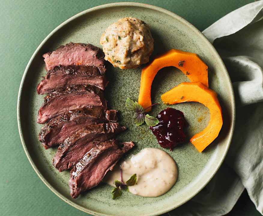 Saddle of Venison with Cranberry Compote, Mushroom Dumplings and Squash ...