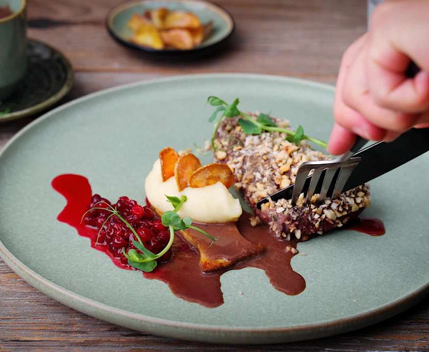 Hertenfilet, pastinaak-aardappelpuree, wortelchips, eryngii, veenbessen ...