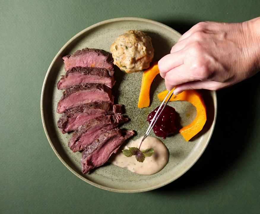 Saddle of Venison with Cranberry Compote, Mushroom Dumplings and Squash ...