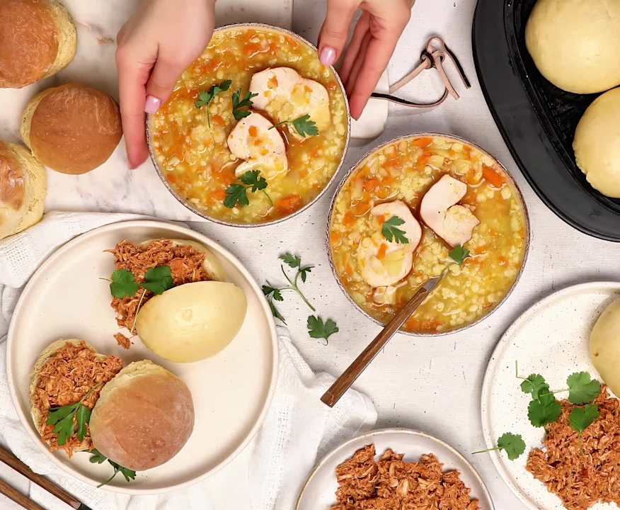 Menu: Vegetable Soup with Semolina Dumplings, BBQ Pulled Chicken with ...